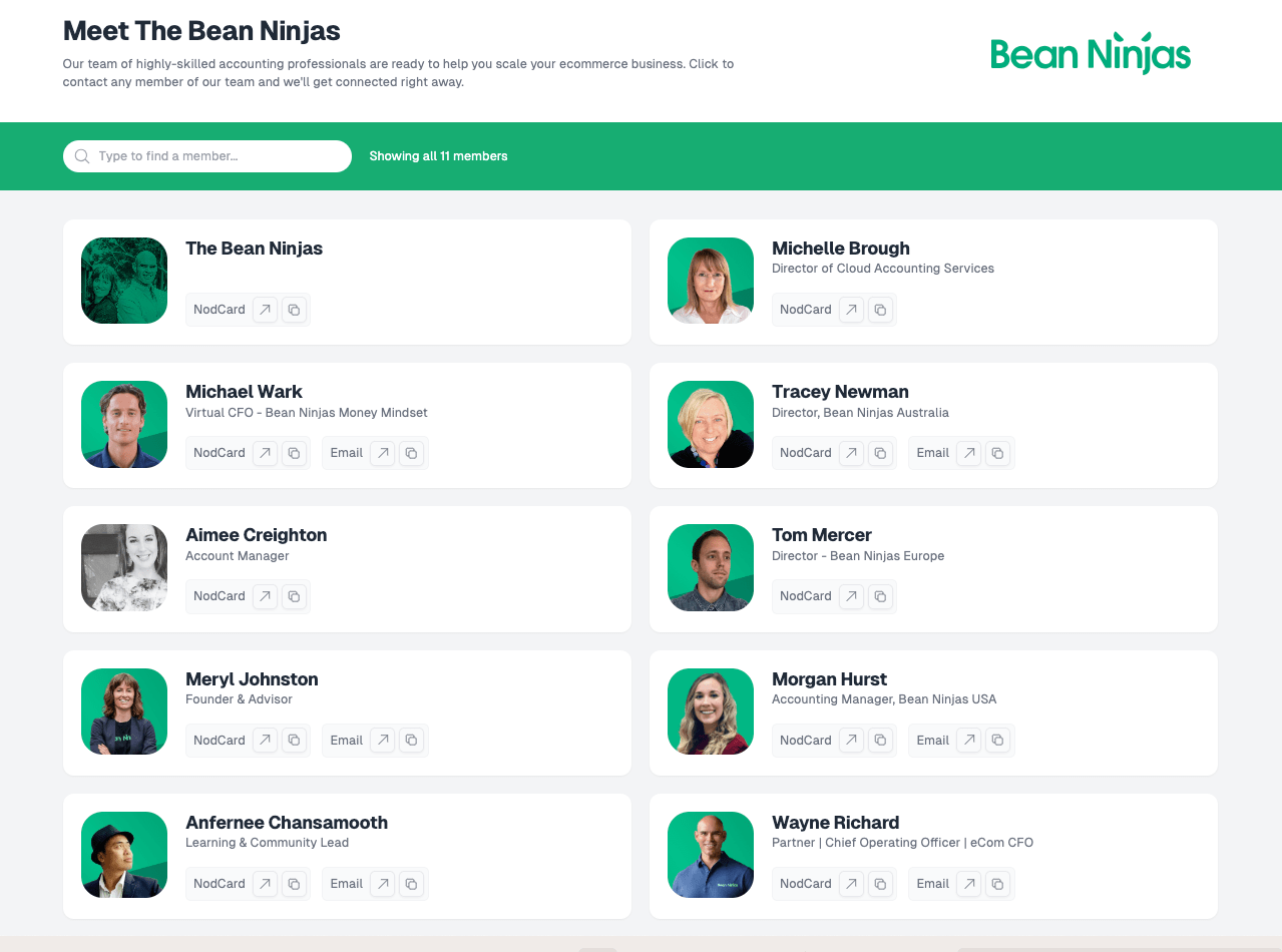 Bean Ninjas | Employee Directory from NodCards | Bean Ninjas