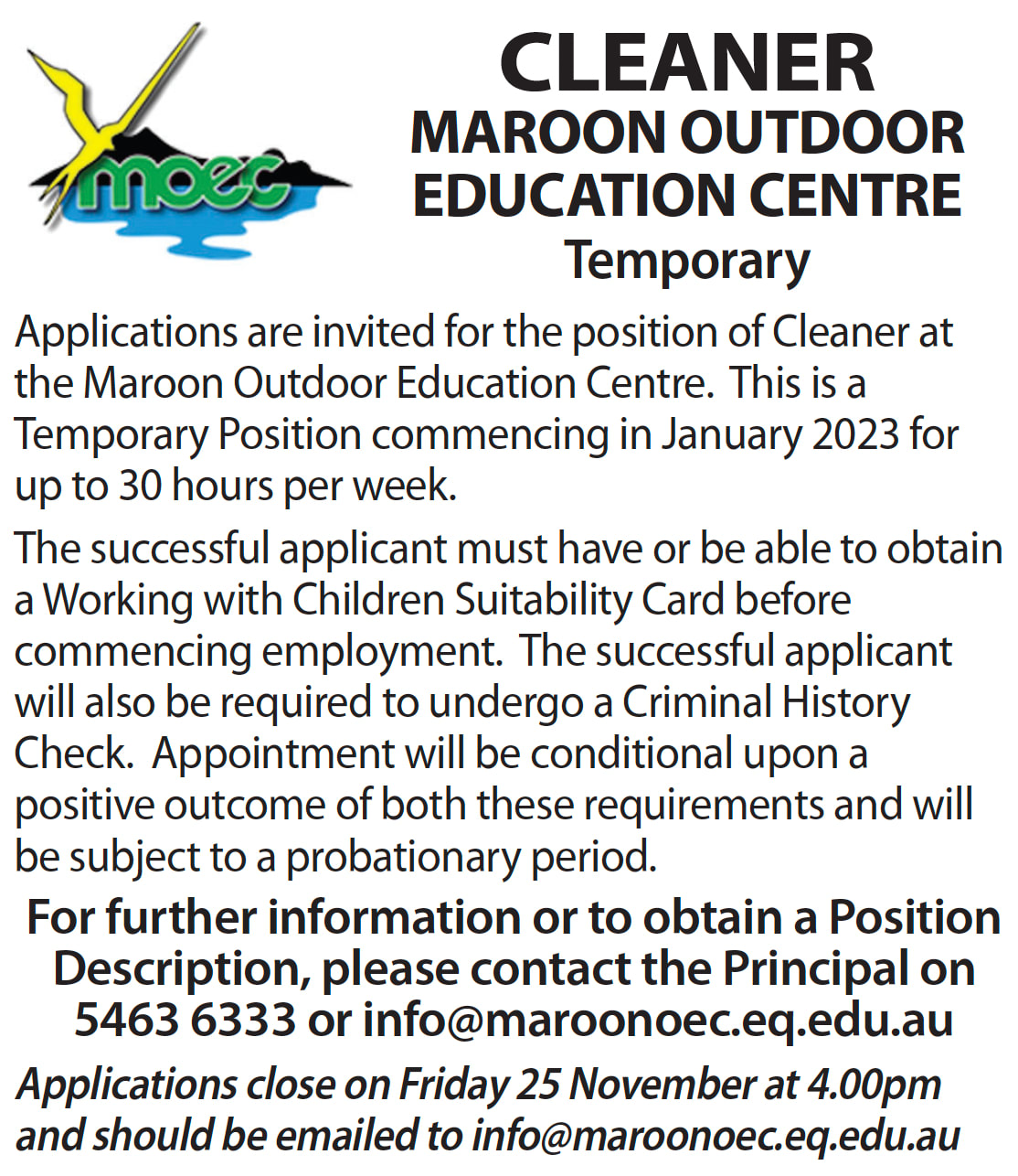 CLEANER WANTED - MAROON OUTDOOR EDUCATION CENTRE
