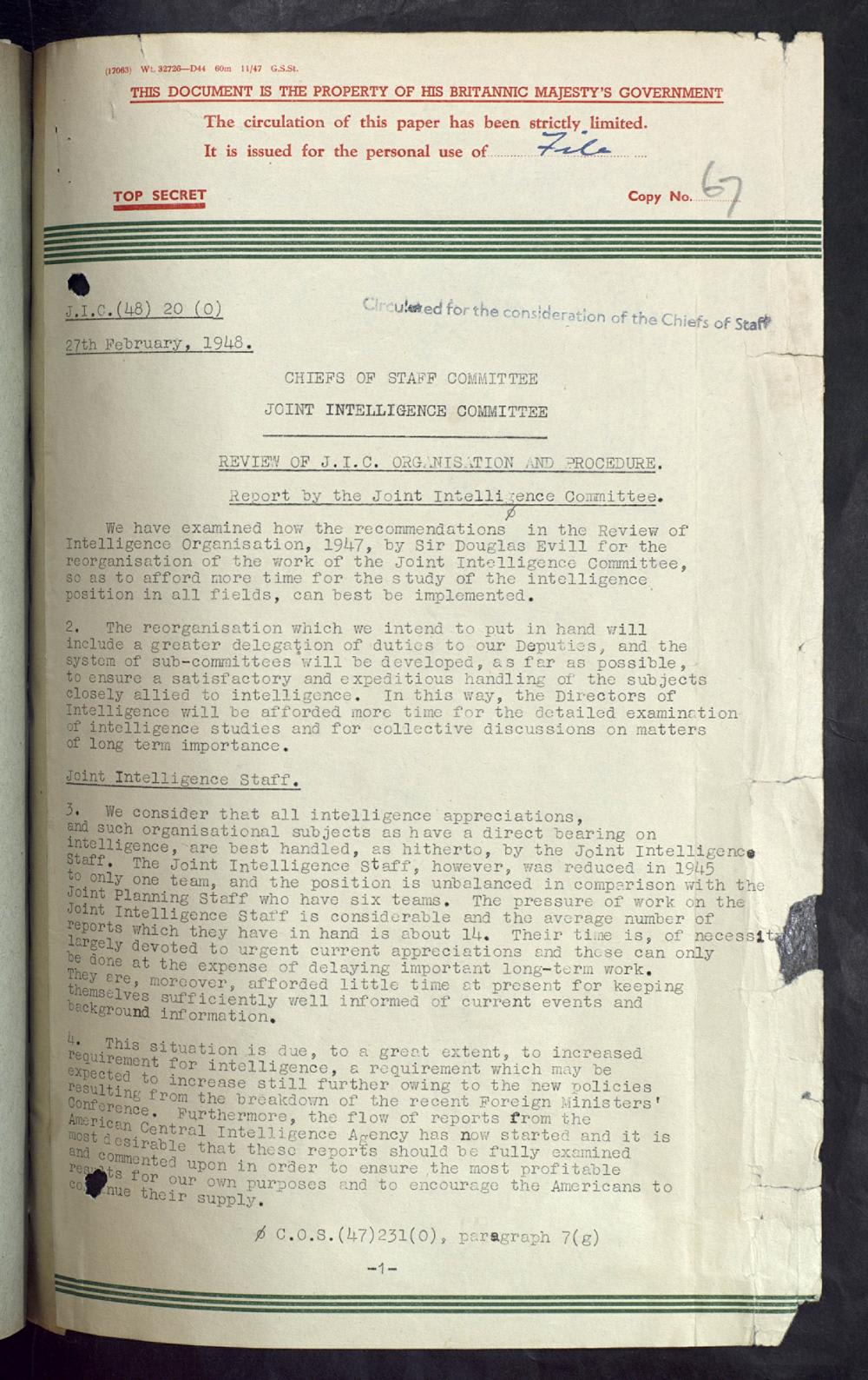 Review of J.I.C. Organisation and Procedure. Report by the Joint ...