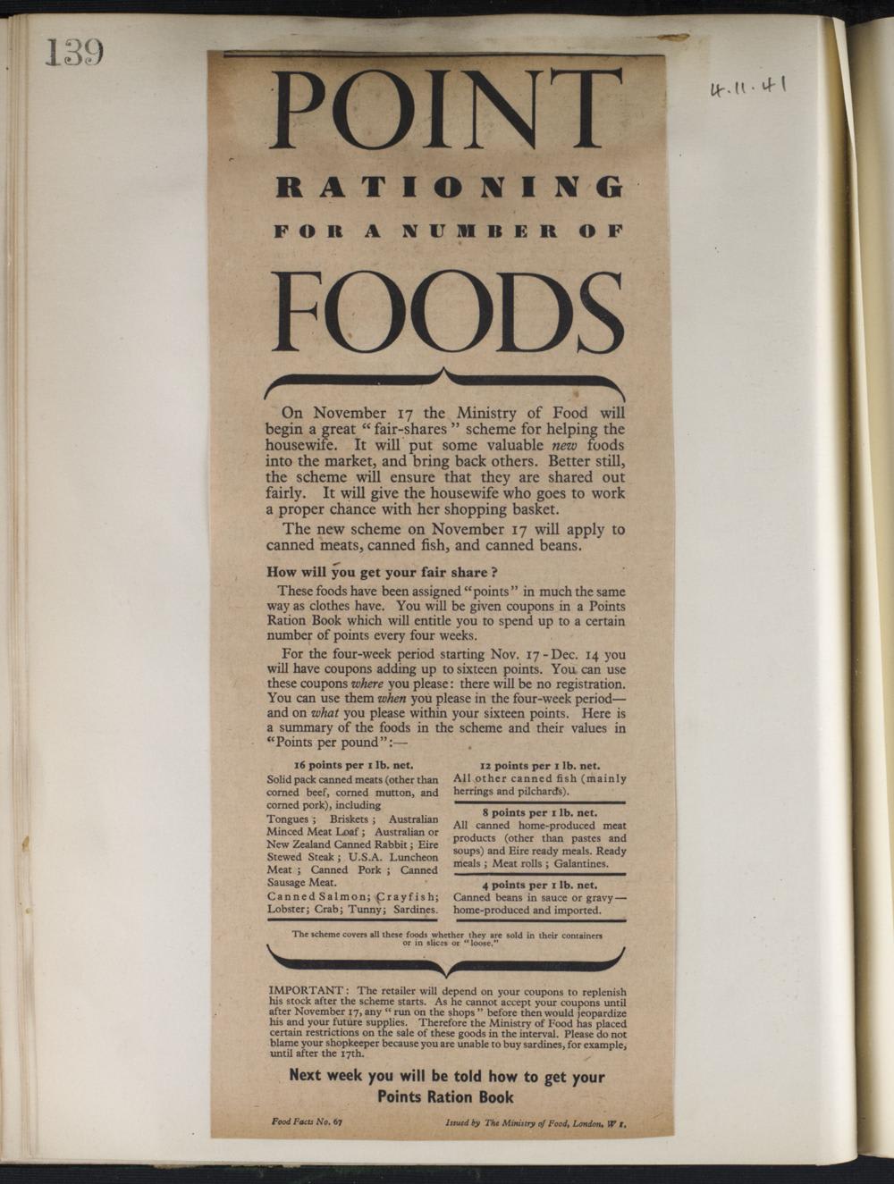 Food Facts No.67 Point rationing for a number of foods | History Commons