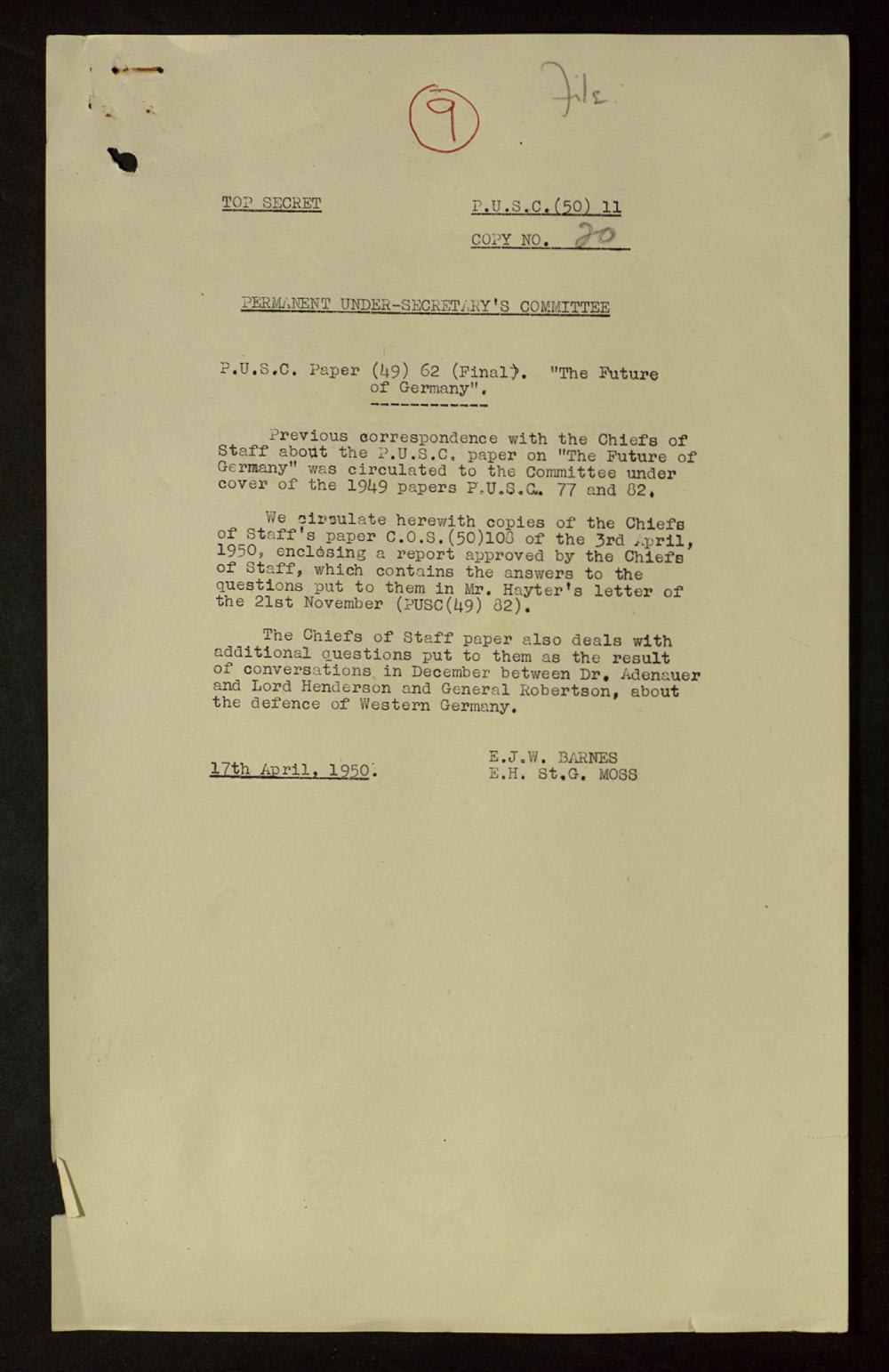 Permanent Under-Secretary's Committee (PUSC): Committee Papers for ...