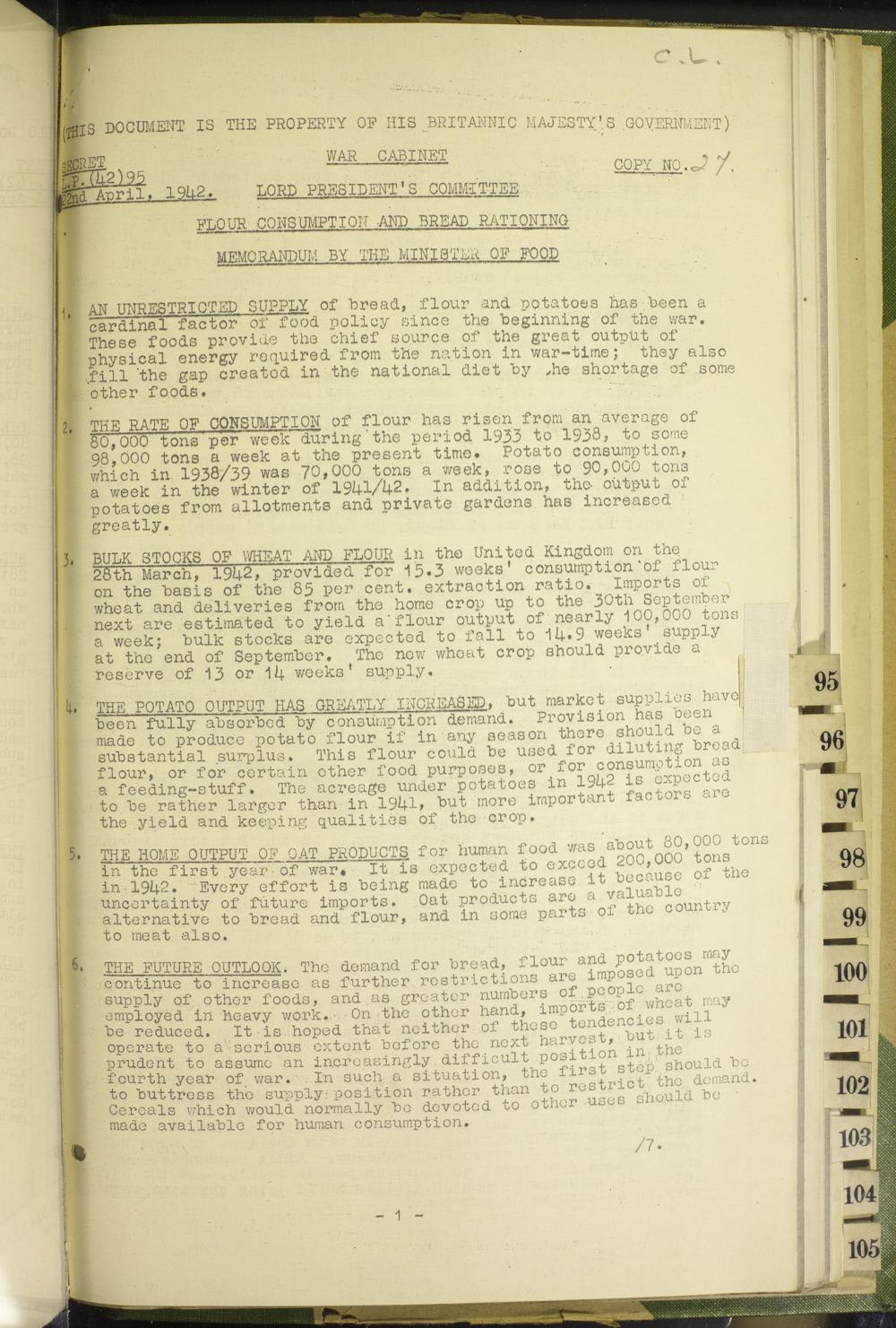 FLOUR CONSUMPTION AND BREAD RATIONING. Memo. by Minister of Food ...