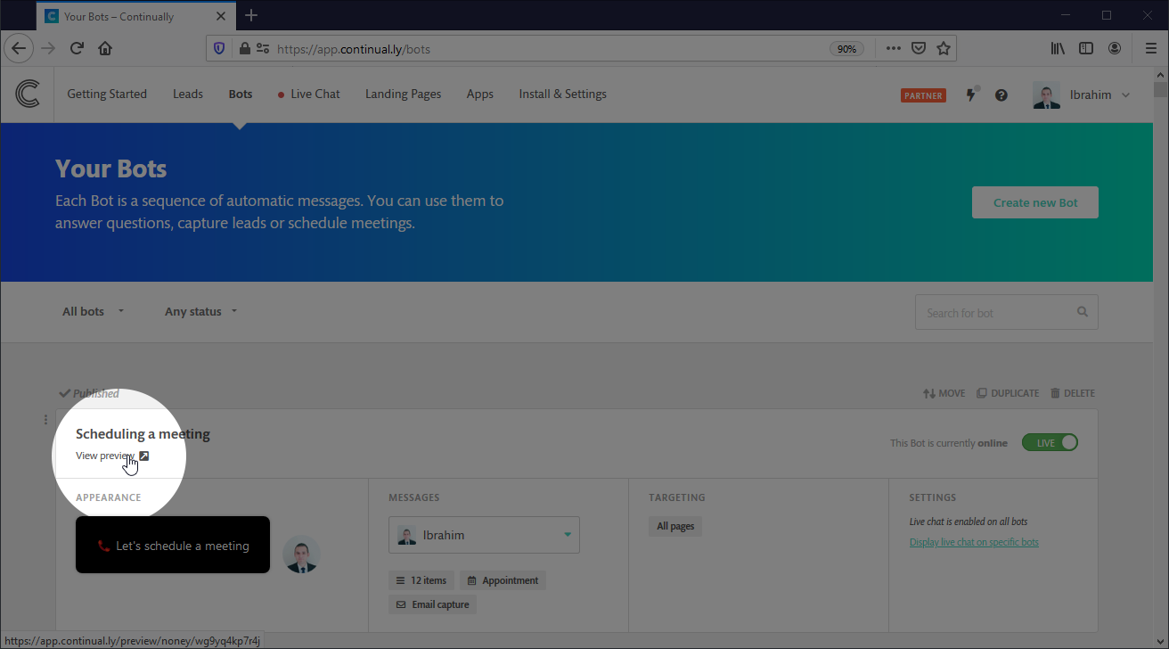 Send, test and preview your bot - Continually Knowledge Base
