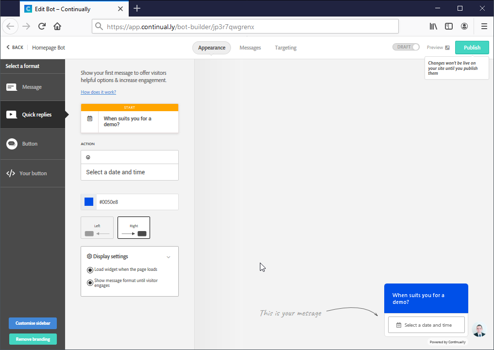 Appearance setting - Quick replies - Continually Knowledge Base