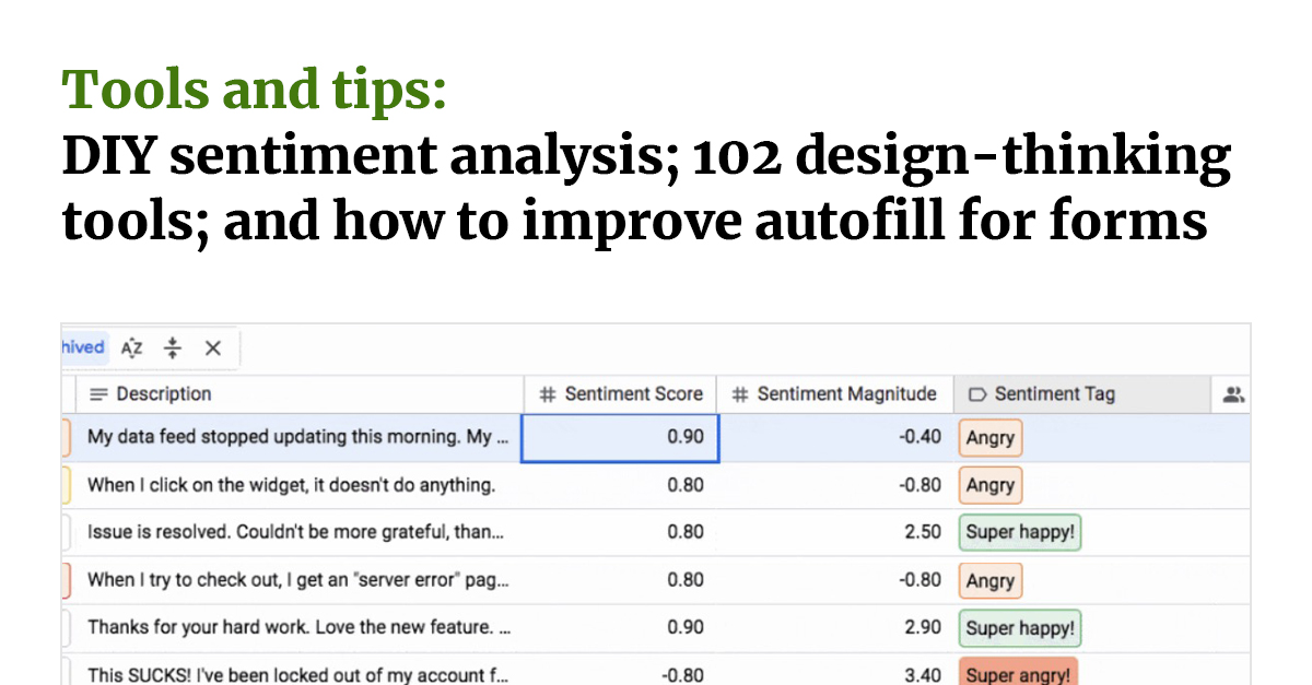 Tips and tools: DIY sentiment analysis; 102 design-thinking tools; and ...