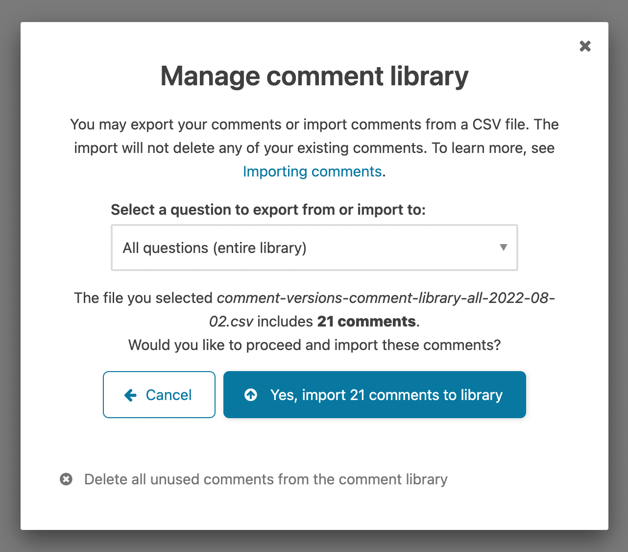 Importing and exporting the comment library | Crowdmark
