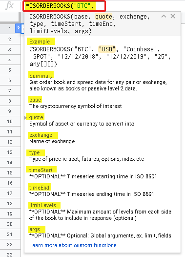 How to use ORDERBOOKS in Excel & Googlesheets | Cryptosheets
