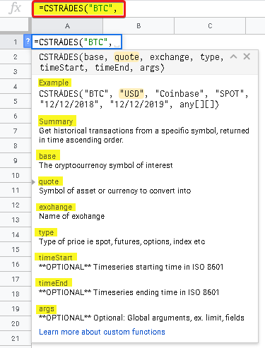 How to use TRADES in Excel & Googlesheets | Cryptosheets