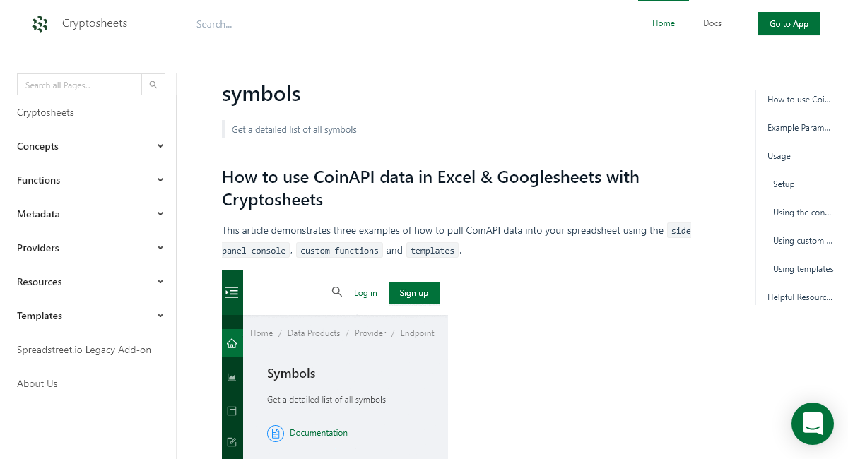 How to pull symbols data from CoinAPI into Excel and Google Sheets | Cryptosheets
