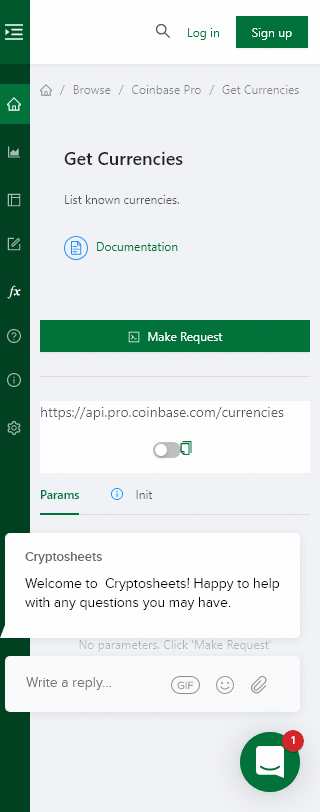 How to pull Get Currencies data from Coinbase Pro into Excel and Google Sheets | Cryptosheets