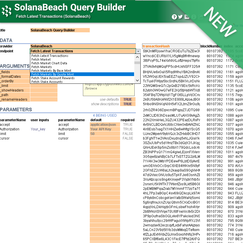 How to use SolanaBeach Query Builder spreadsheet template | Cryptosheets