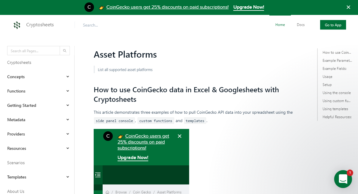 How to pull Asset Platforms data from CoinGecko into Excel and Google Sheets | Cryptosheets