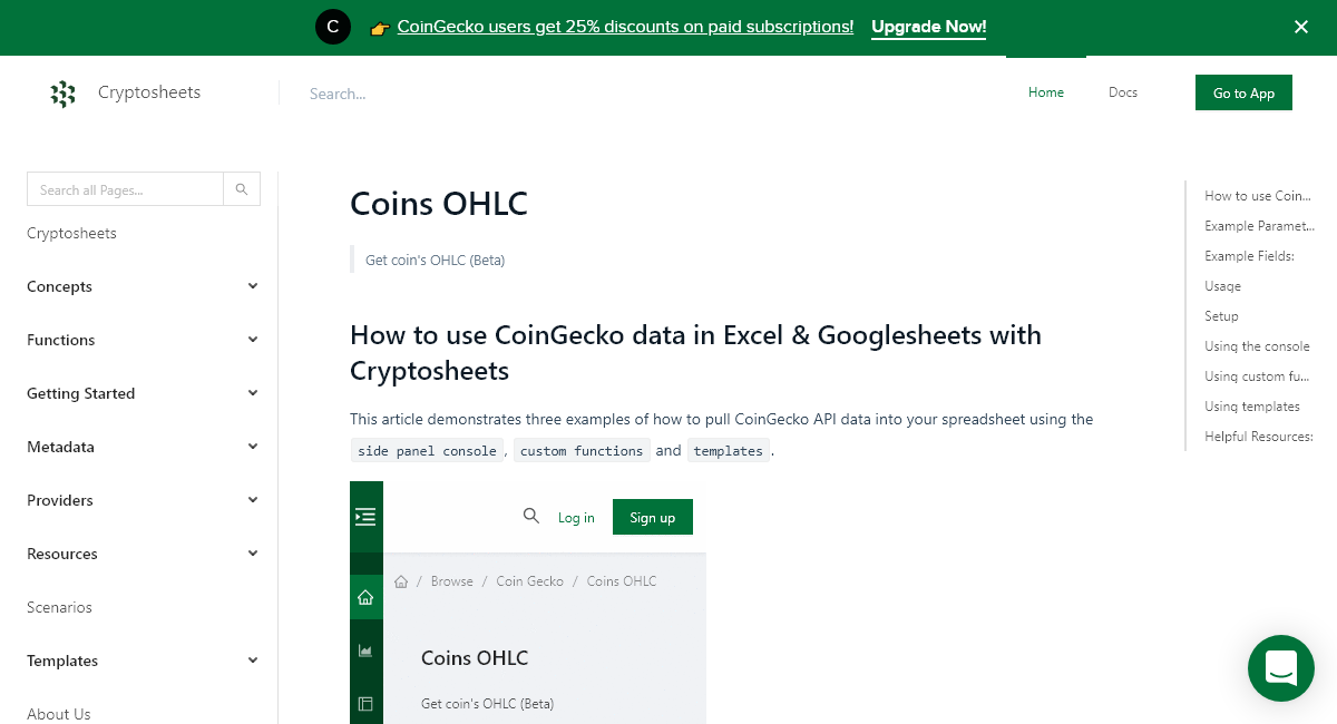 How to pull Coins OHLC data from CoinGecko into Excel and Google Sheets | Cryptosheets