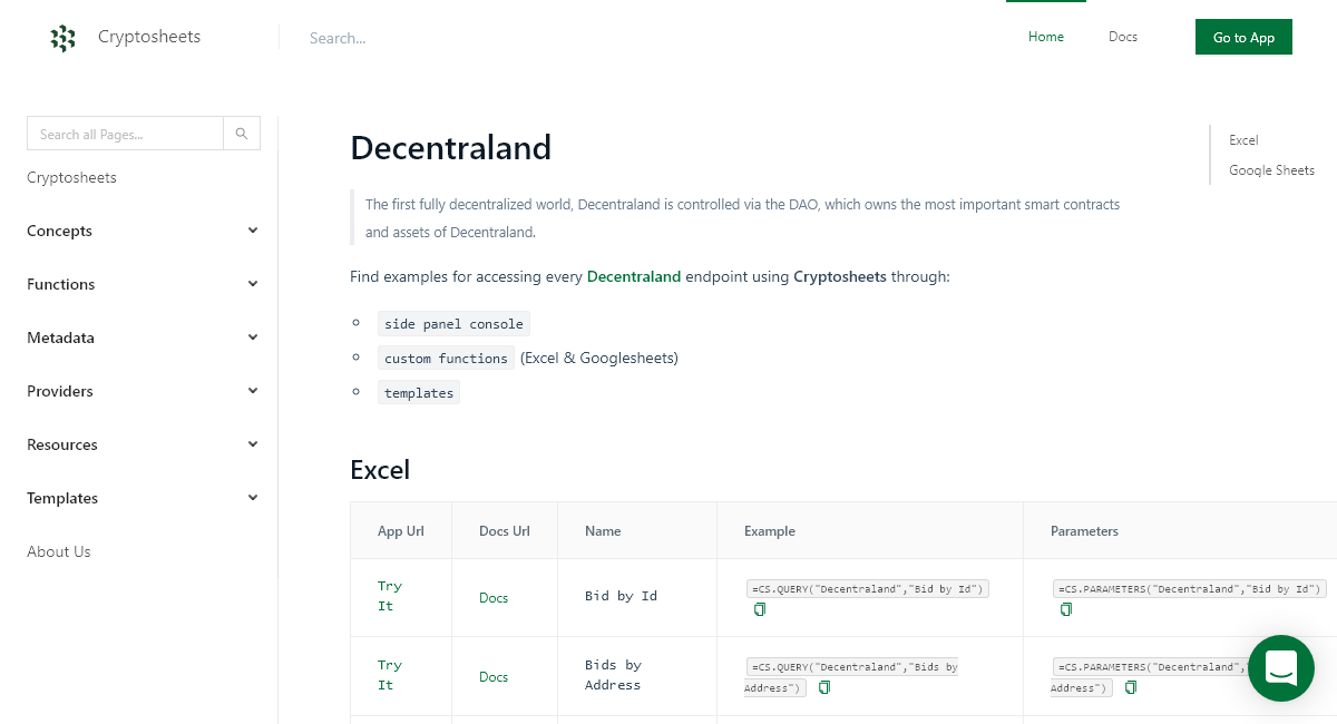 How to pull Decentraland data into Excel and Google Sheets | Cryptosheets