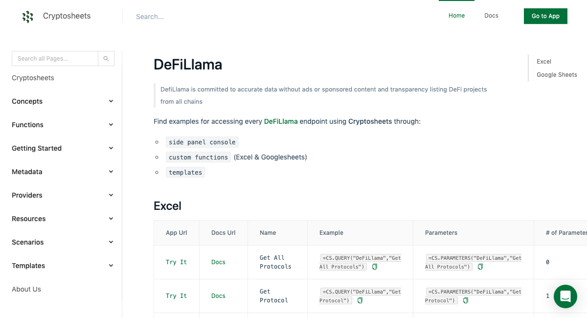 How to pull DeFiLlama data into Excel and Google Sheets | Cryptosheets