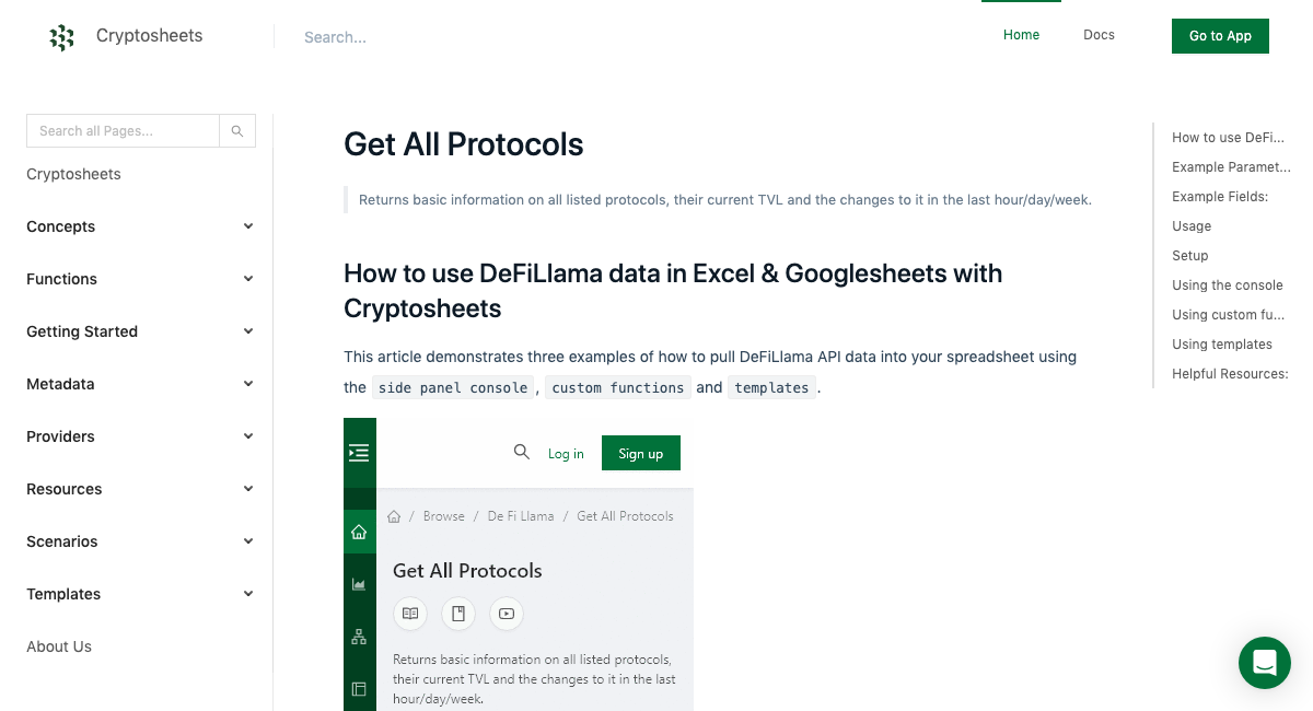 How to pull Get All Protocols data from DeFiLlama into Excel and Google Sheets | Cryptosheets