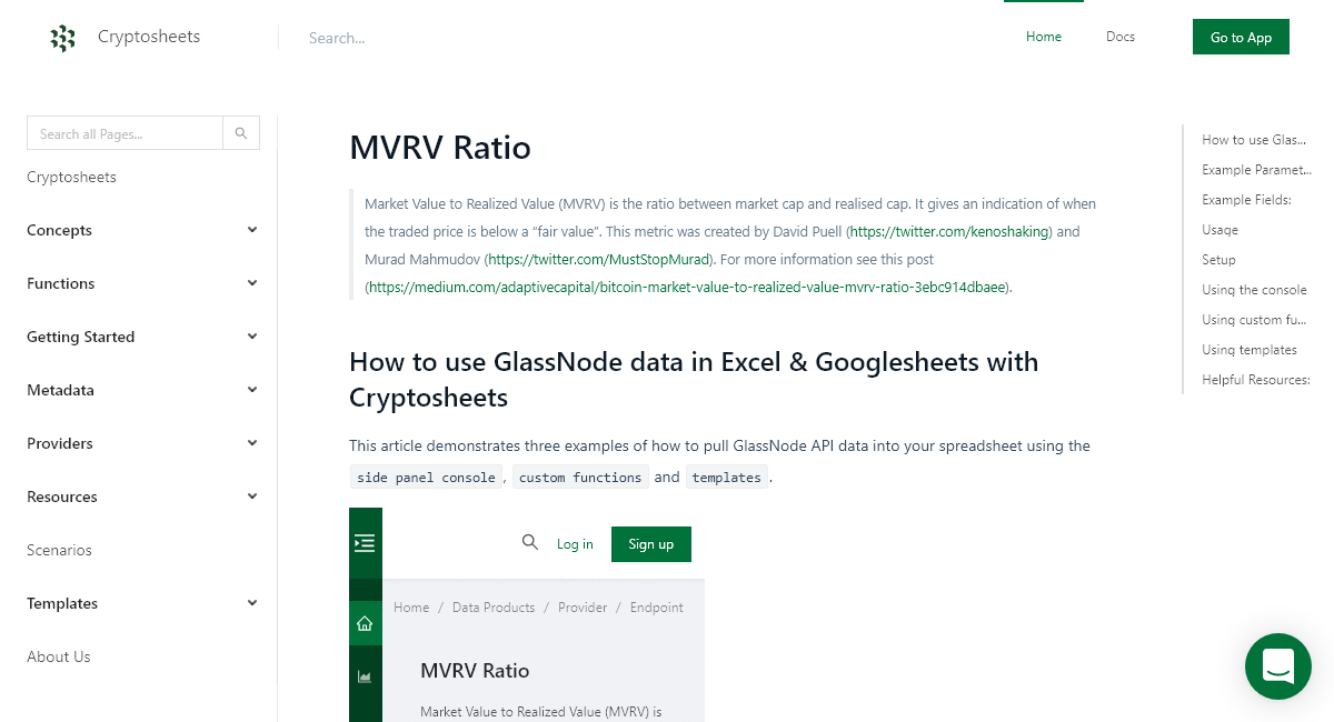 How to pull MVRV Ratio data from GlassNode into Excel and Google Sheets | Cryptosheets