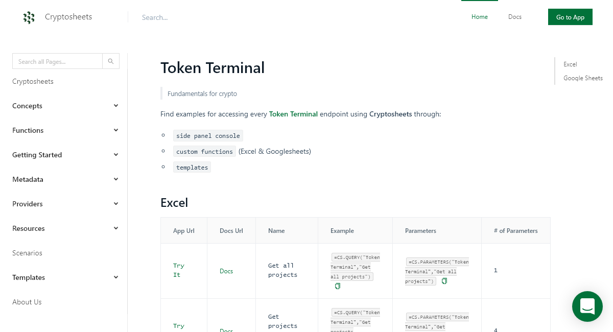 How to pull Token Terminal data into Excel and Google Sheets | Cryptosheets