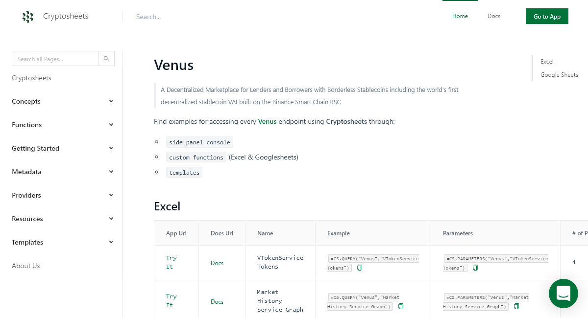 How to pull Venus data into Excel and Google Sheets | Cryptosheets