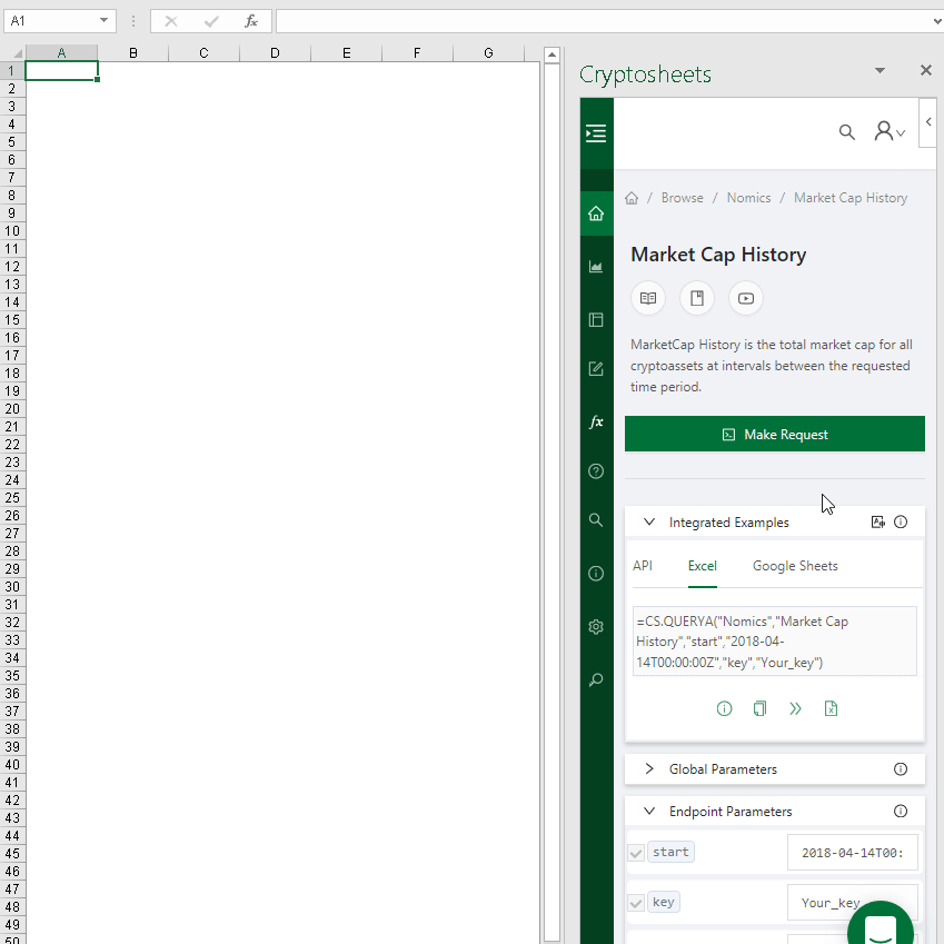 How to pull Market Cap History data from Nomics into Excel and Google Sheets | Cryptosheets
