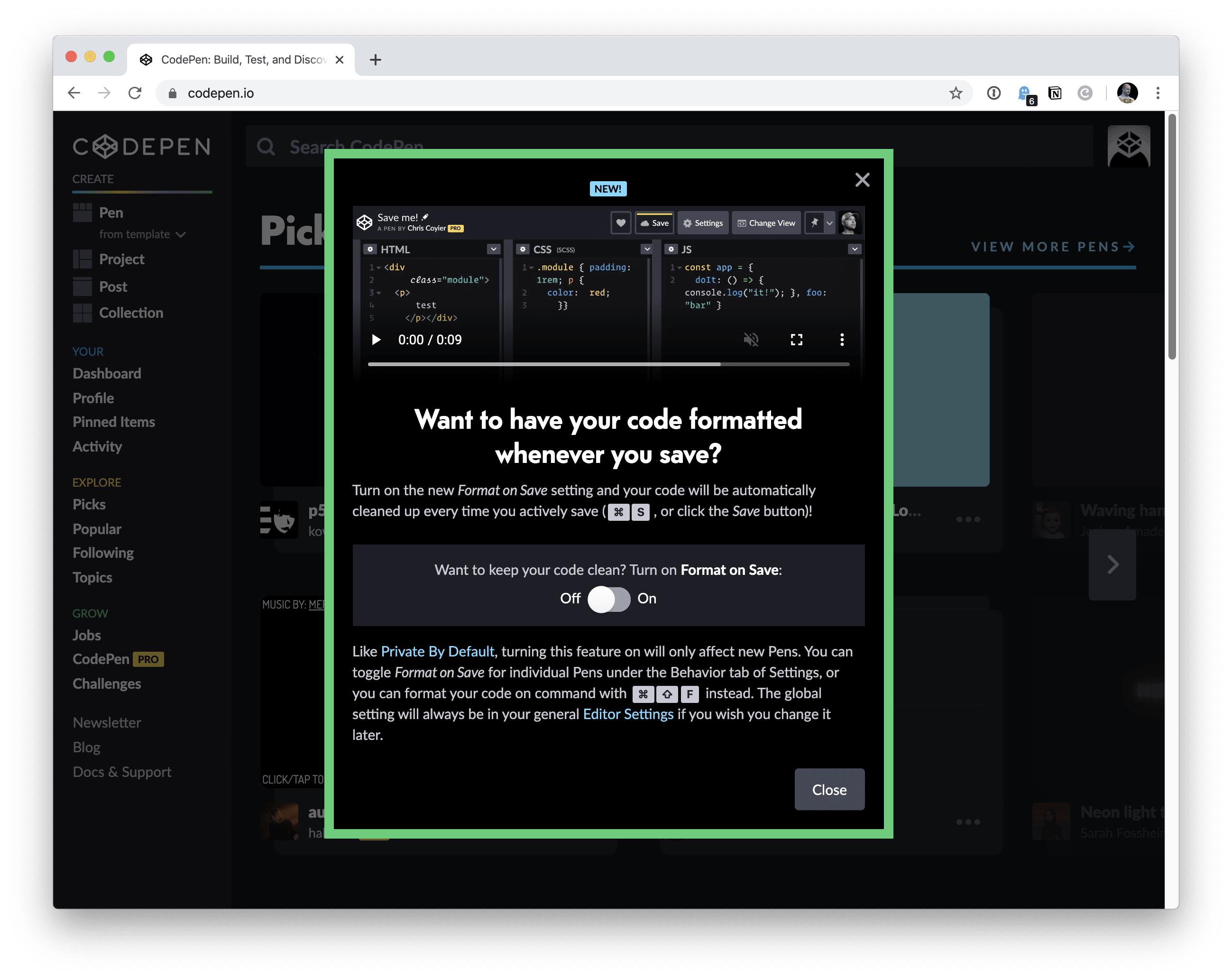 New Editor Setting: Format on Save - CodePen Blog