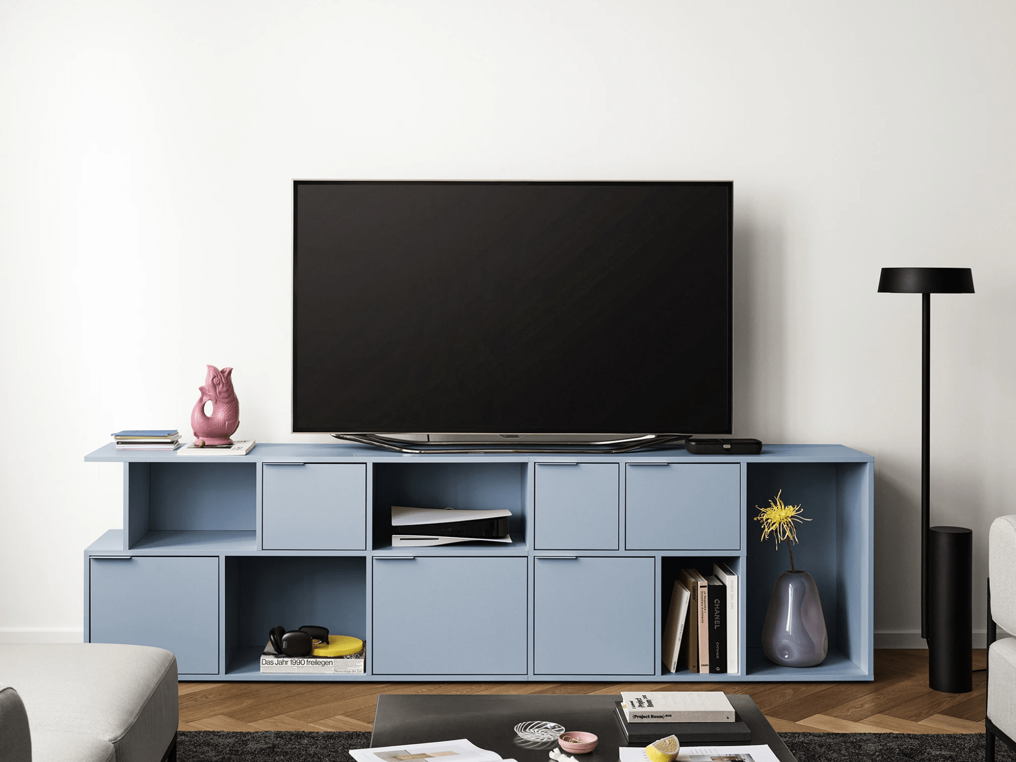 Tv Stand in Blue with Doors and Drawers