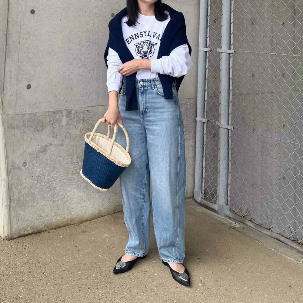 ネイビー カゴバッグ 無地 ベージュ MAELIN（マエリン） x 無地 カーディガン ネイビー x 無地 ホワイト ロゴ ロングTシャツ ...