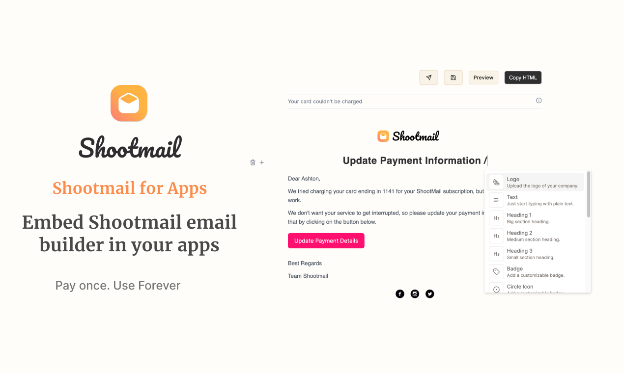 Embed Shootmail email builder in your apps natively | Shootmail