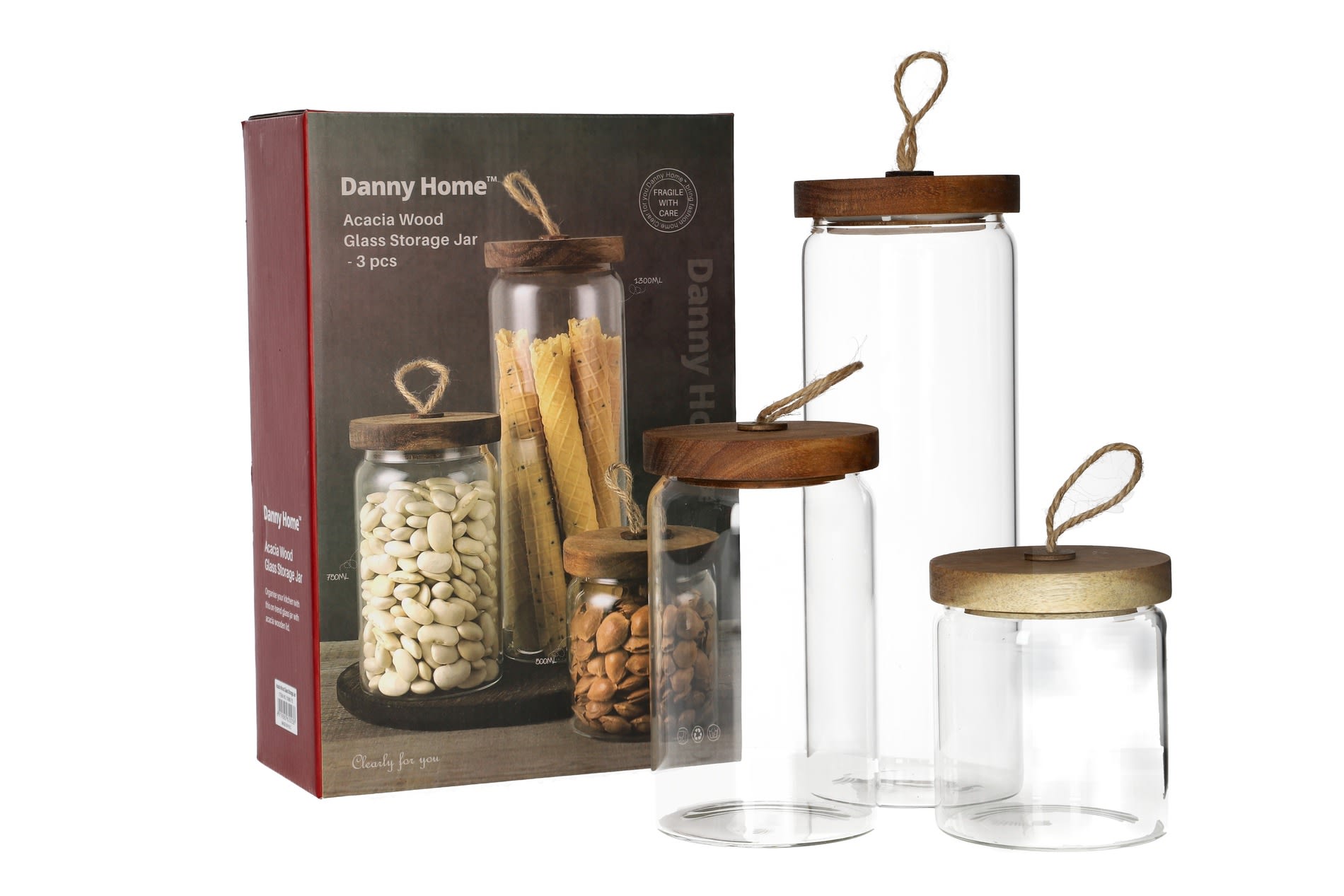 Glass Cereal Storage Jar With Acacia Wood Lid 3pcs | Danny Home