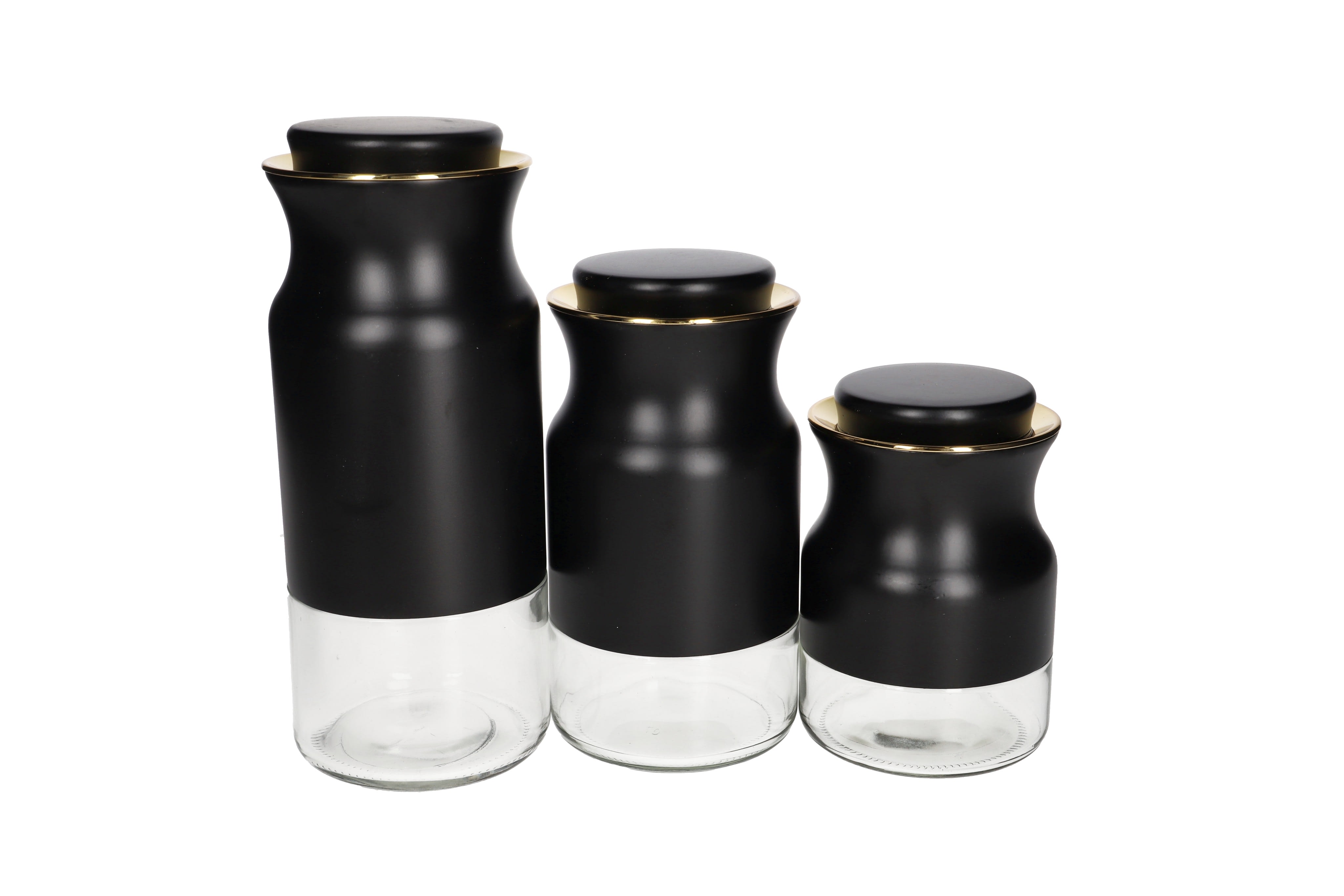 Black Glass & Stainless Steel Canister Storage Bottle Set 3pcs ...