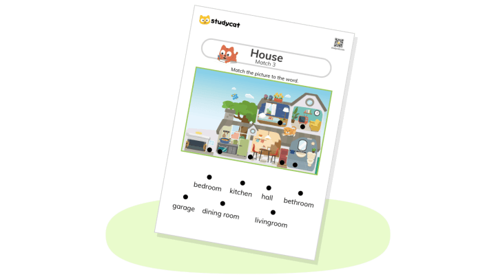 House match 3 downloadable worksheet | Fun English printables with Studycat