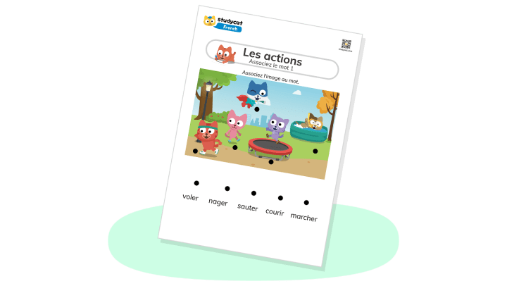 French action verb matching worksheet #1 | Fun French with Studycat