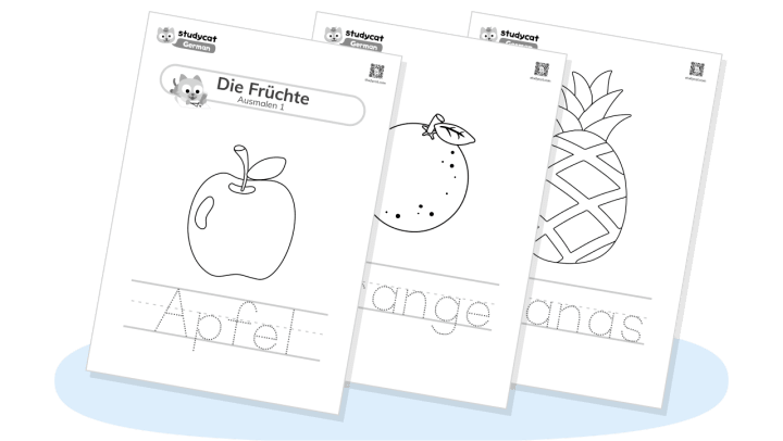 German fruit vocabulary coloring worksheet #1 | Fun German with Studycat