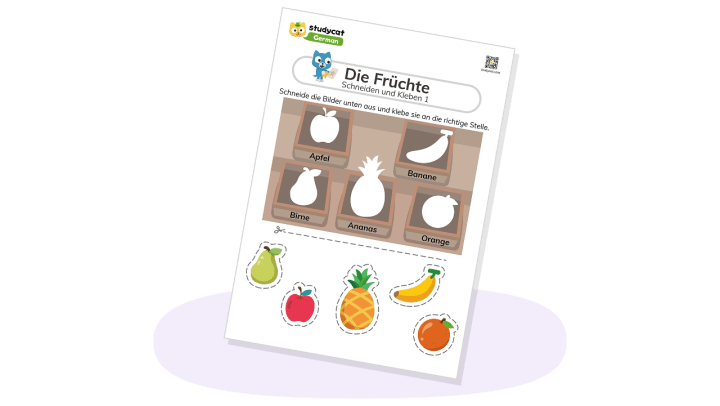 German fruit cut-and-stick worksheet #1 | Learn German with Studycat
