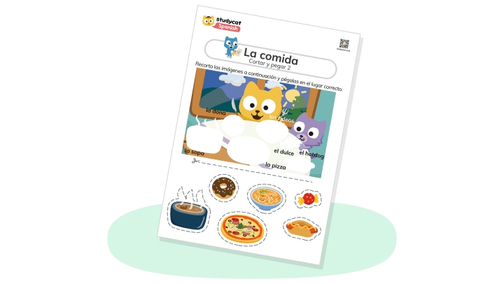 Spanish food cut and stick worksheet for kids | Studycat