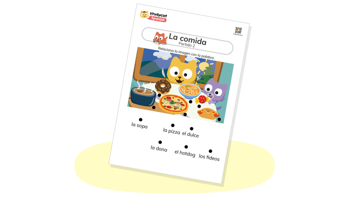 Spanish food matching worksheet #2 for kids | Fun Spanish with Studycat