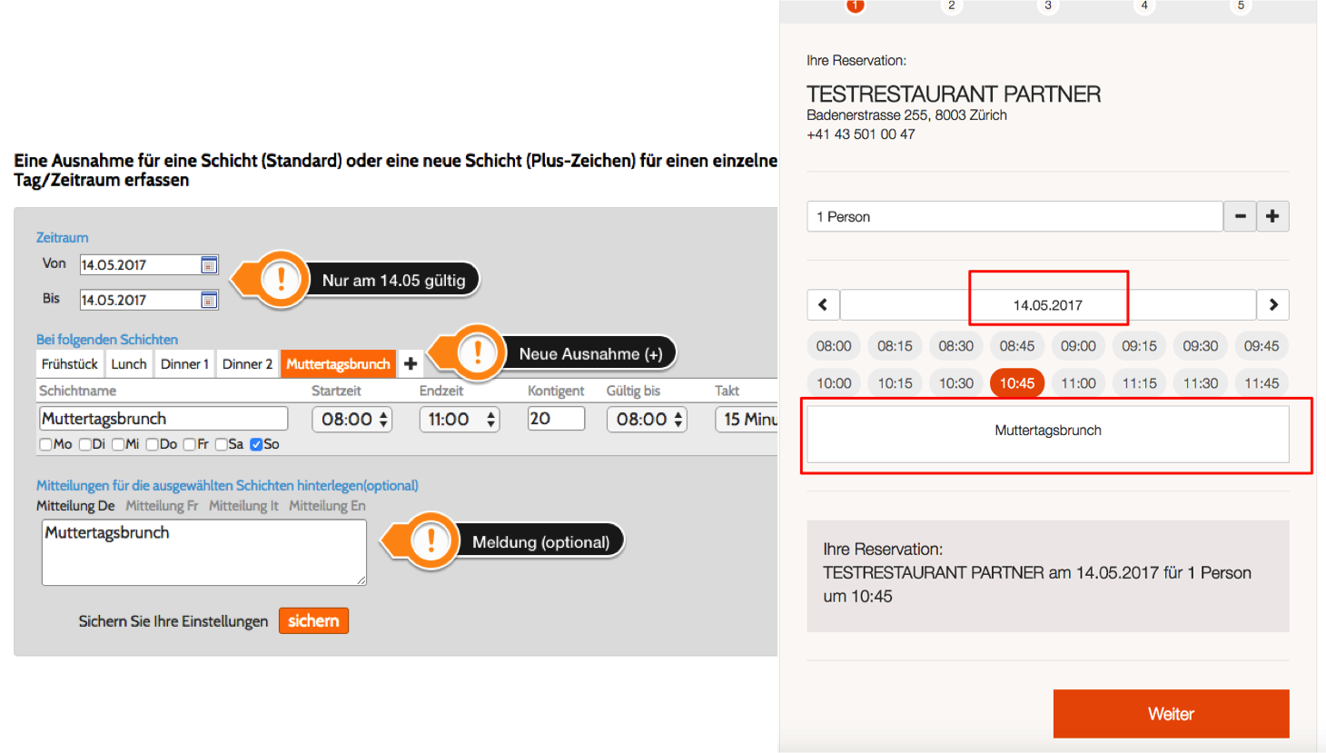 Konfiguration: Ausnahmen, ausserordentliche Öffnungszeiten, Events ...