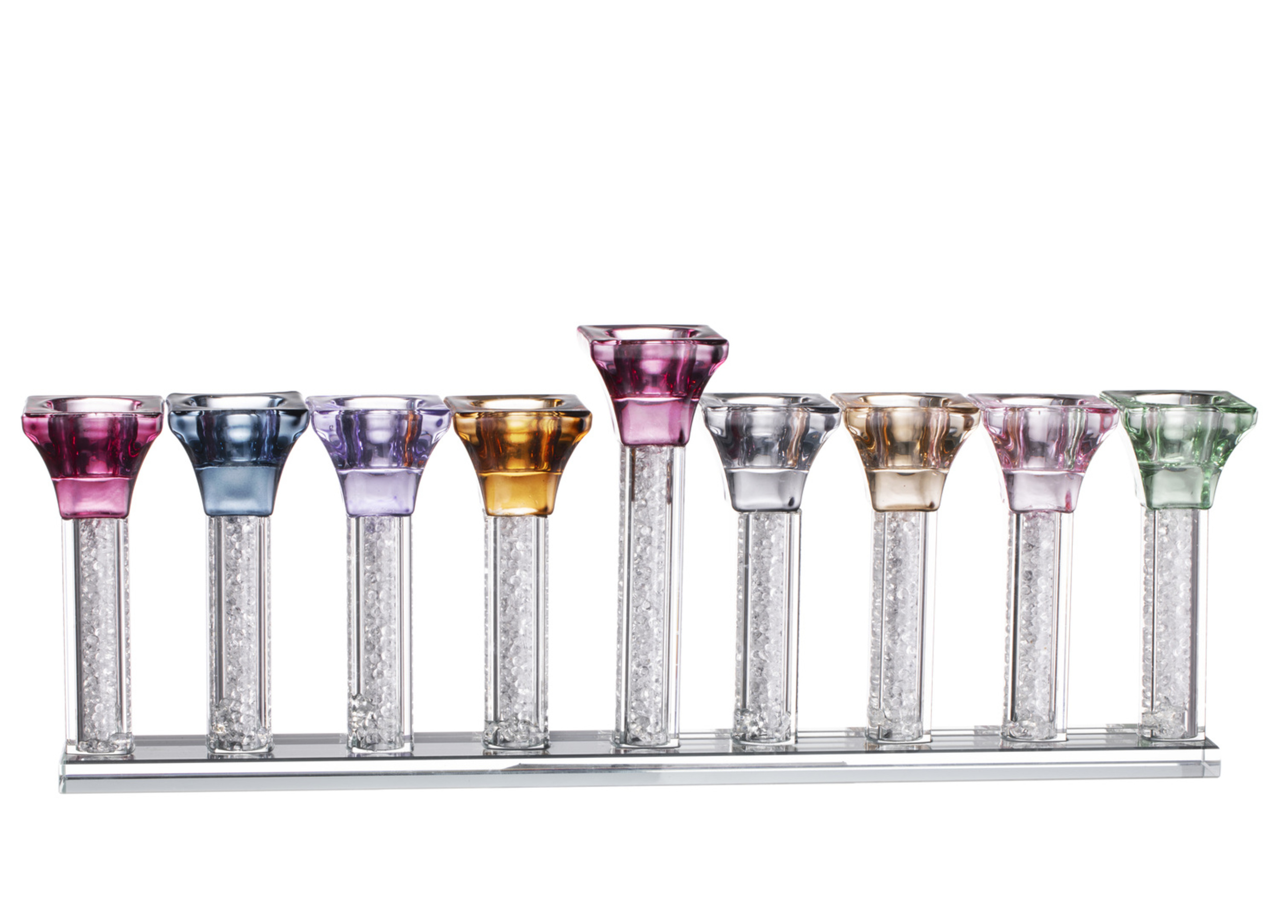 Crystal Menorah Strip Rainbow Colors 14WX5.5H (Menorahs) - Crystal Judaica