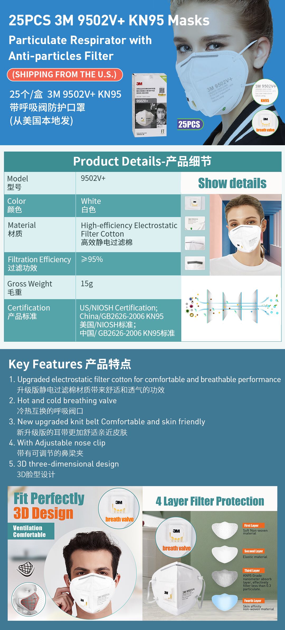 3M 9502V+MASK (pack of 25) (INVENTORY IN LOS ANGELES) - Magic Ice Cube LLC