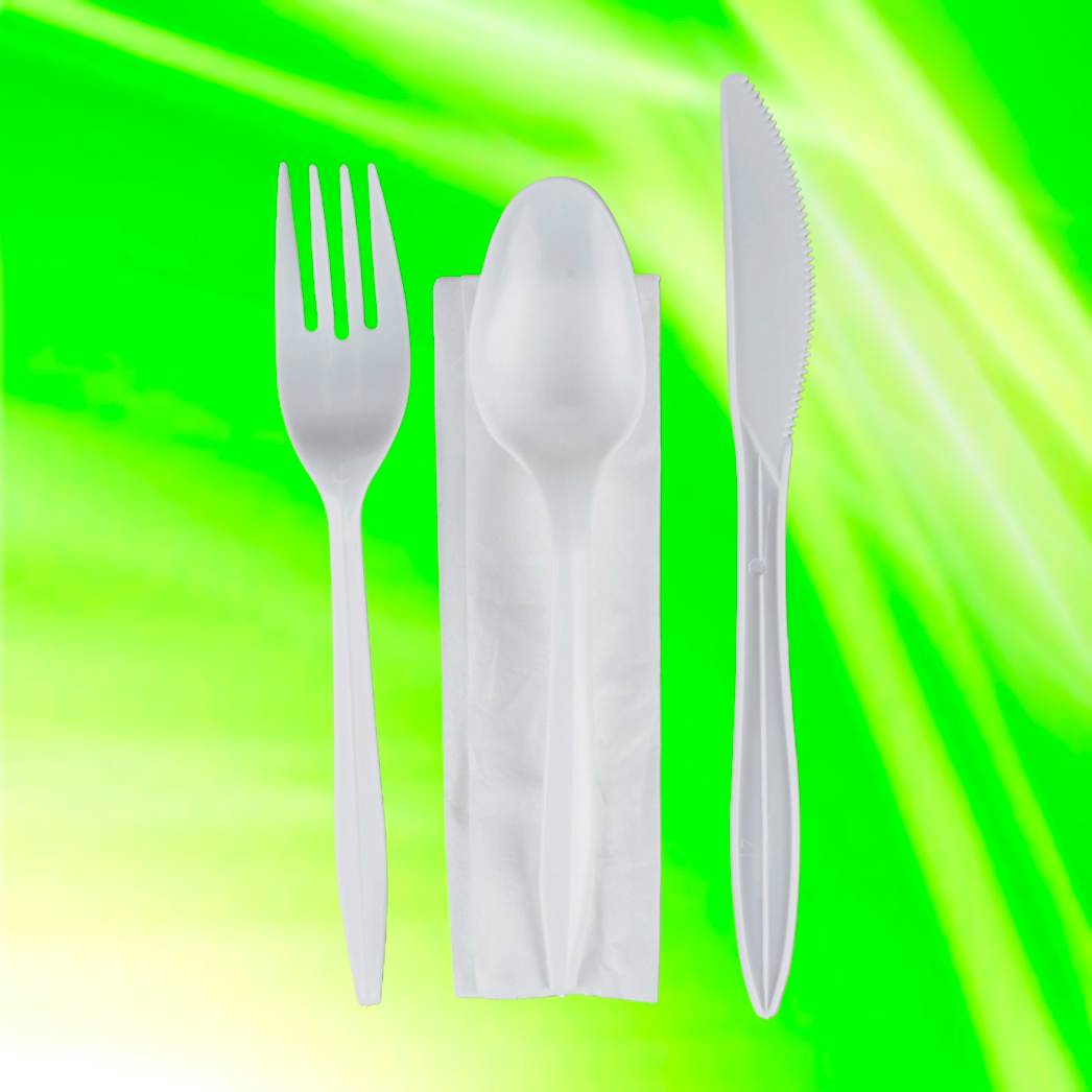 Wrapped White Plastic Cutlery Pack / Meal Kit with Knife, Fork, Spoon ...