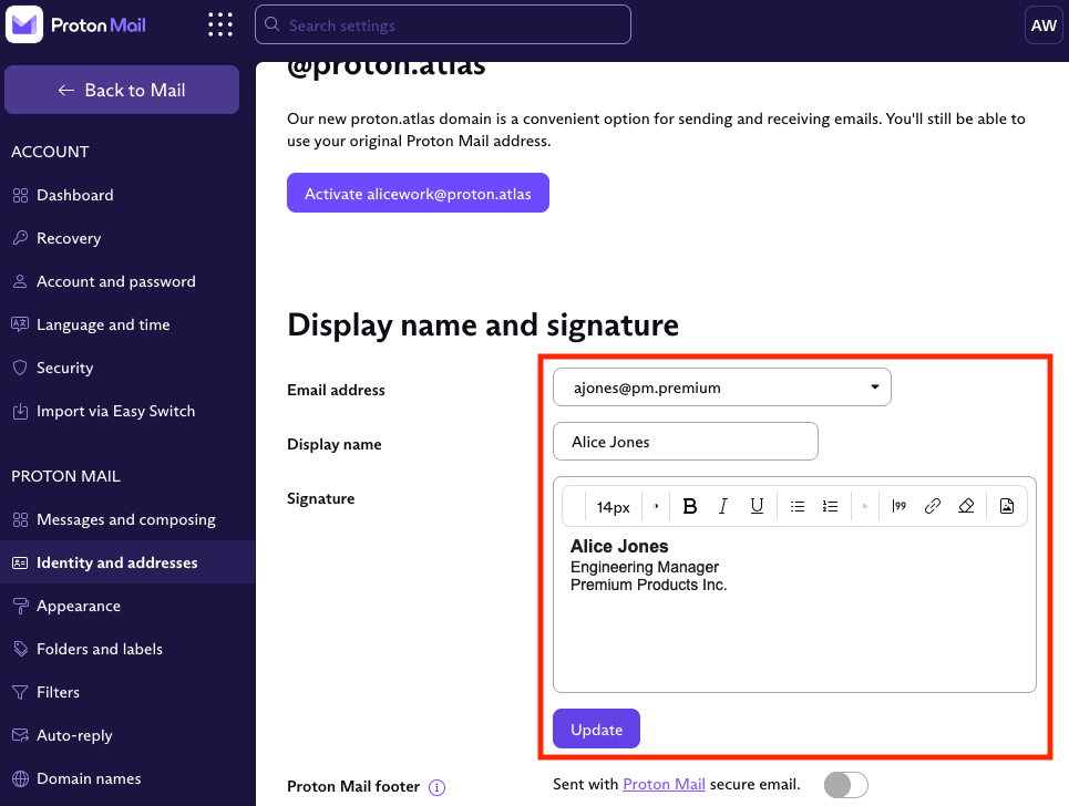 Display name and email signature | Proton