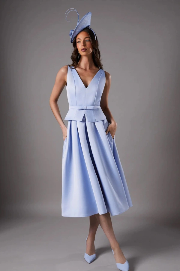 Rent Lisa Tan Structured Satin Pleated Peplum Midi Dress - Coast | HURR