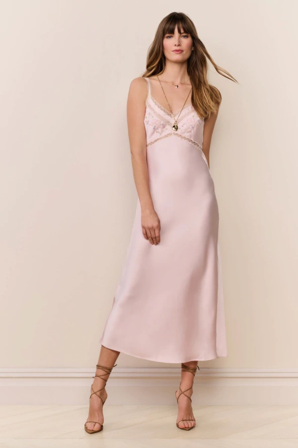 Rent Annabeth Embroidered Satin Midi Dress - LoveShackFancy | HURR