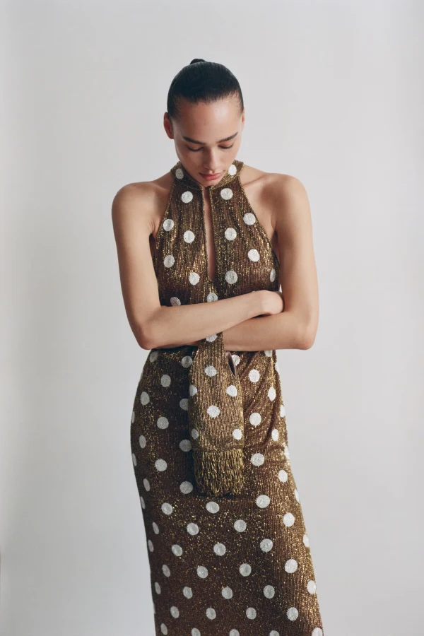 Rent Brown Rhinestone Polka-Dot Halter Dress & Bag - Mango | HURR