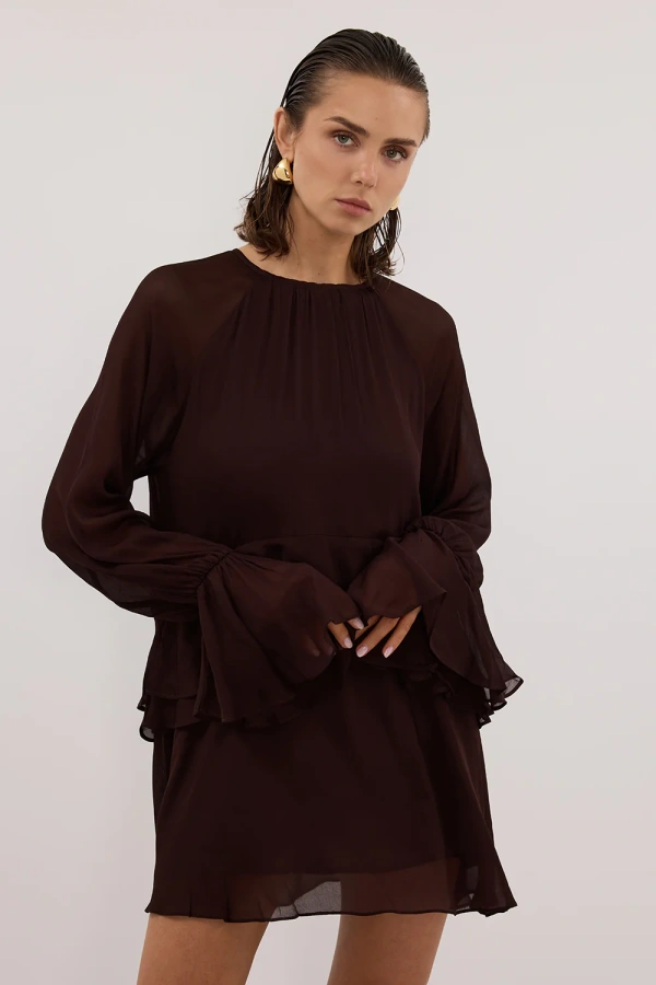 Rent Bodhi Dark Choc Long Sleeve Mini Dress - Dissh | HURR