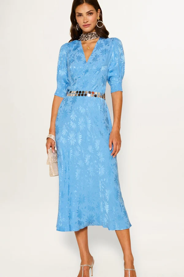 Rent Rixo Zadie midi dress in Daisy Jacquard Blue - RIXO | HURR