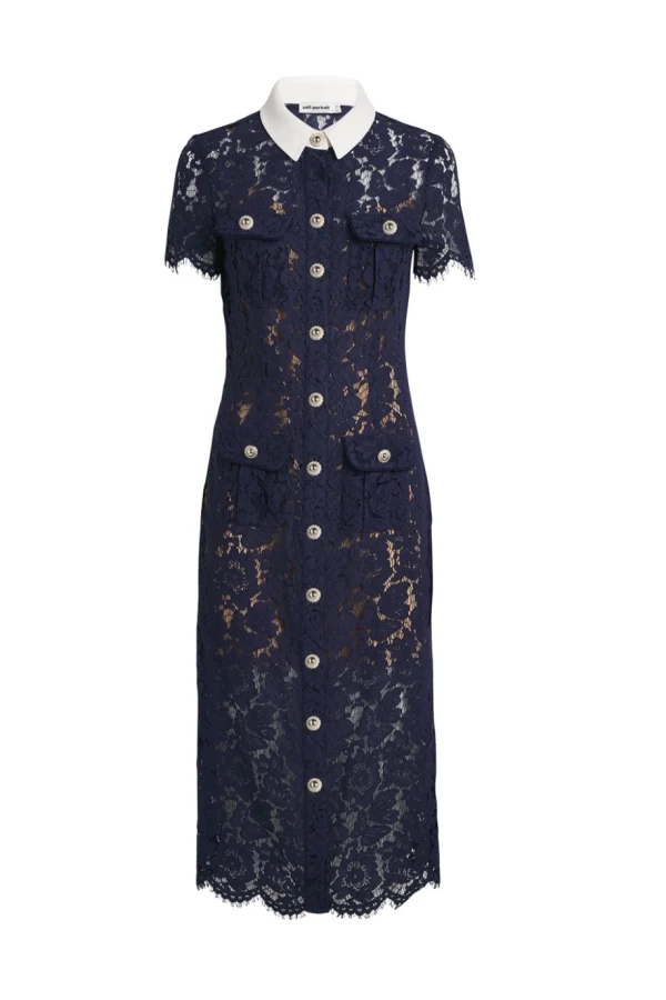 Rent Self-Portrait Navy Contrast Collar Midi Dress - Self-Portrait | HURR