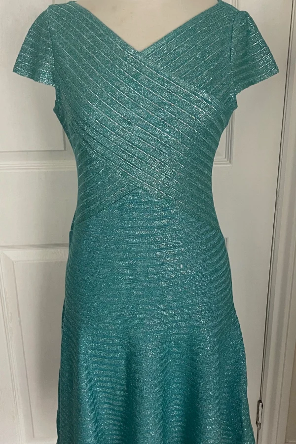 Rent Turquoise v-neck fit and flare dress - St. John | HURR