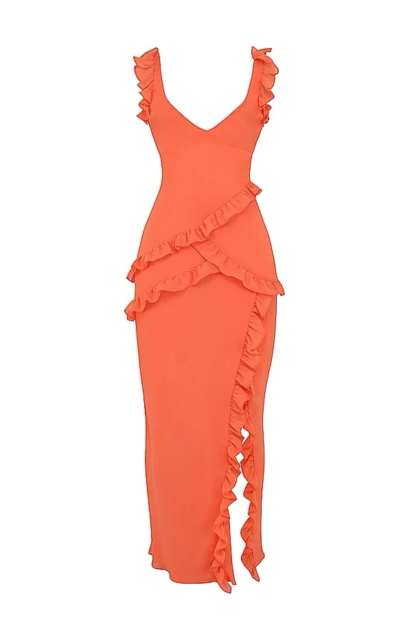 Rent House of CB Flame Orange Pixie Ruffle Maxi Dress - House of CB | HURR