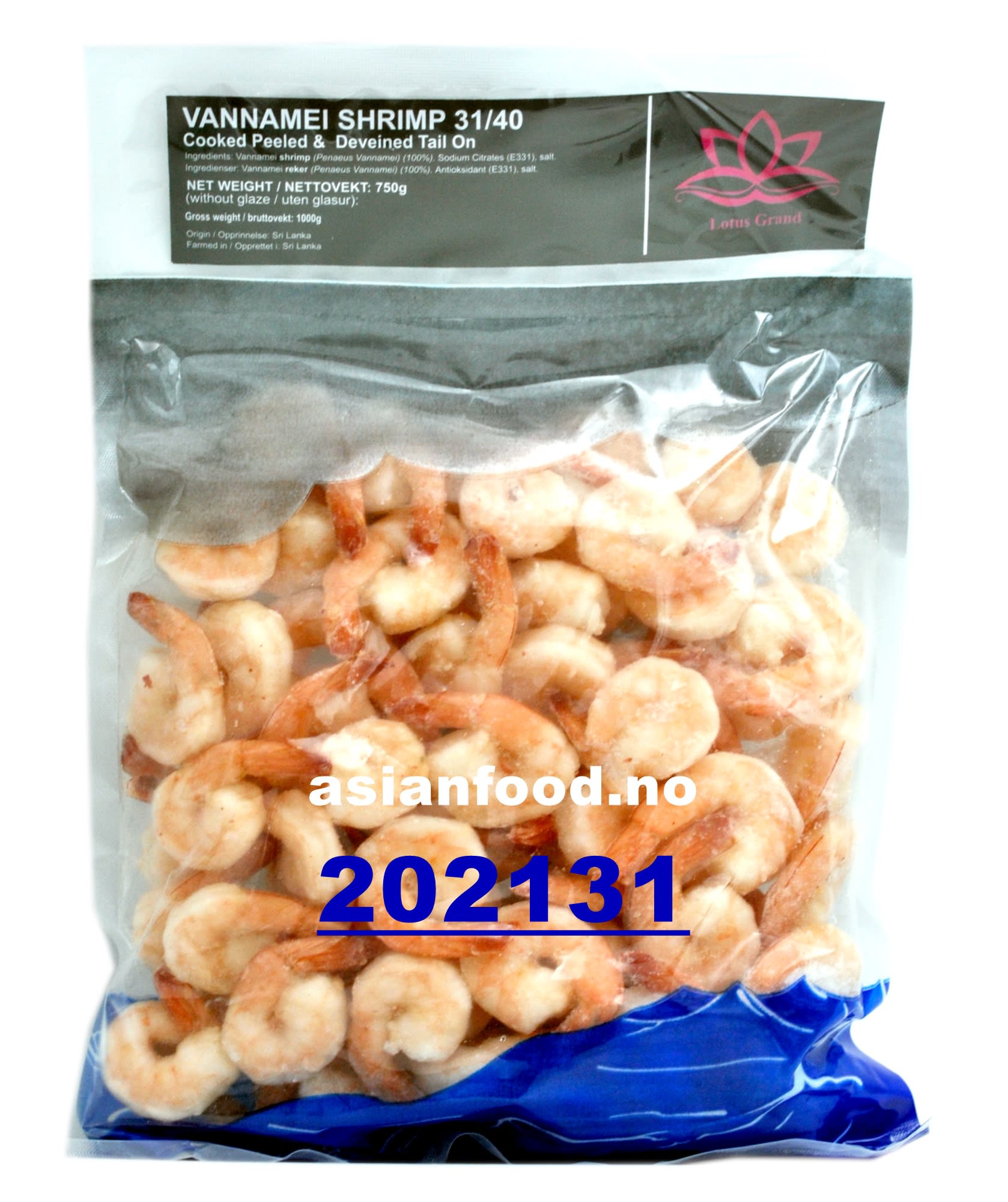 VANNAMEI Cooked shrimp with tail 31/40 - 10x1kg Asian Food Import